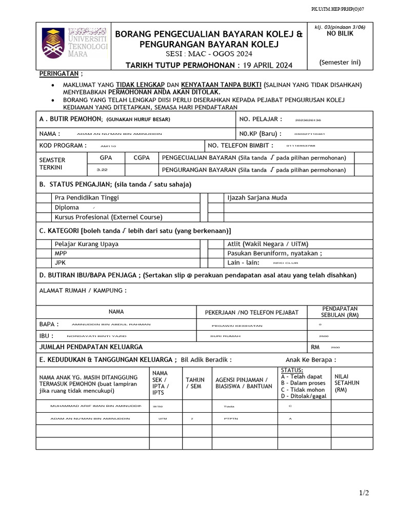 20242-Borang Pengecualian Dan Pengurangan Bayaran Kolej | PDF
