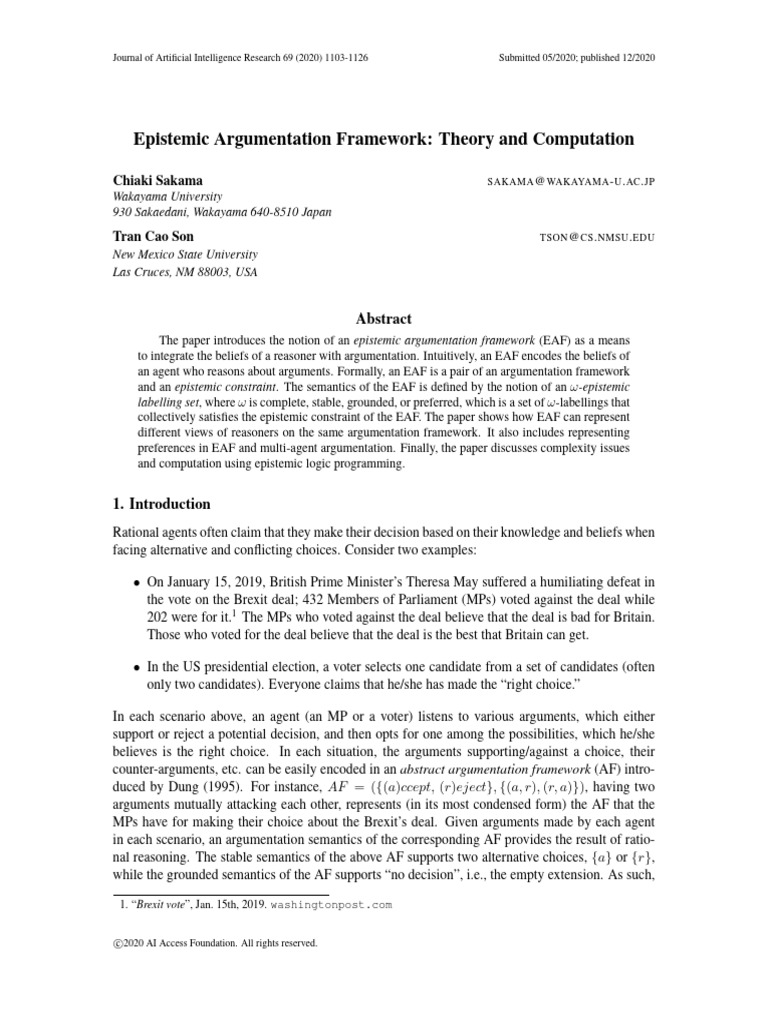 Epistemic Argumentation Framework Theory and Computation | PDF