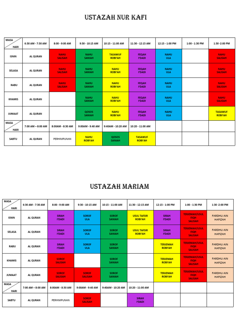 Jadual Guru Alimah 2021-1 | PDF