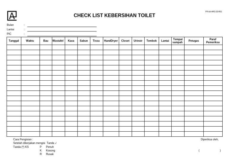 FR-AA-HRG-30-R01 - Check List Kebersihan Toilet | PDF