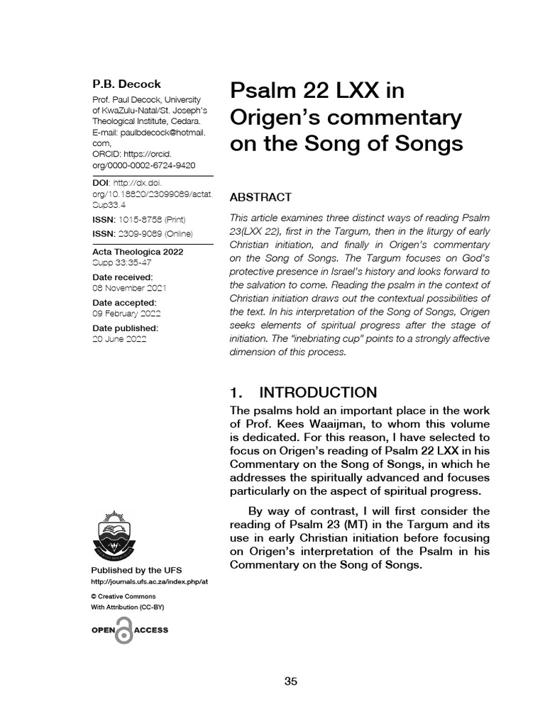 Psalm 22 LXX in Origen's Commentary On The Song of Songs: P.B. Decock | PDF