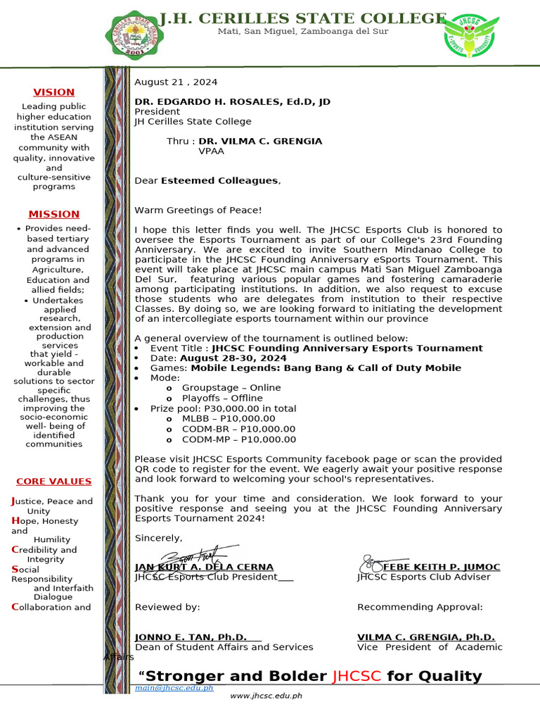 JEC Letter To The President JHCSC Foundation Day | PDF