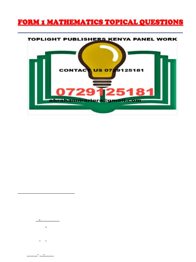 FORM 1 MATHEMATICS TOPICAL QUESTIONS | PDF