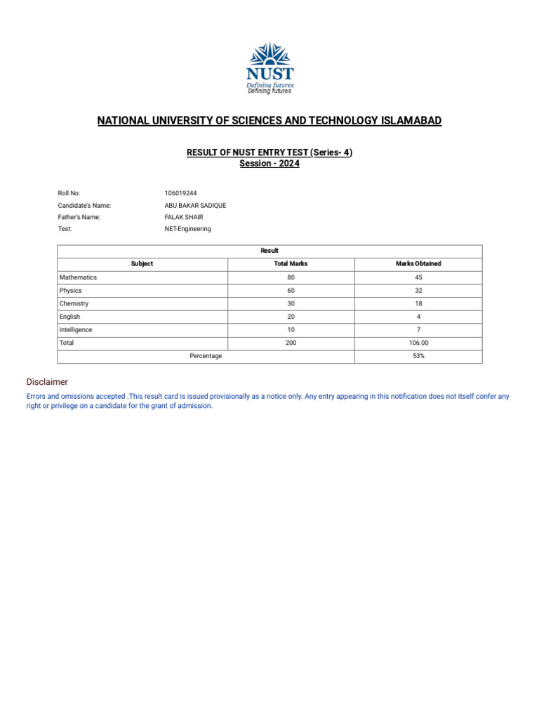 Nust Net 4 Result Card 2024 | PDF