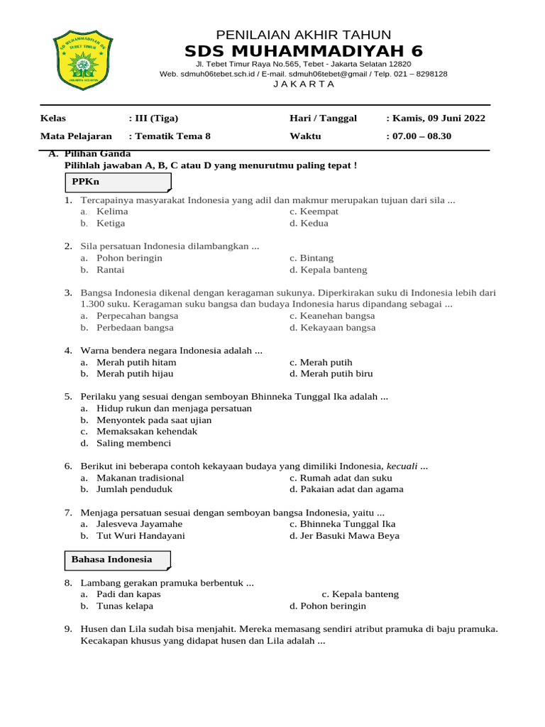 SOAL TEMATIK TEMA 8 (VINDA TRESNA AYU) | PDF