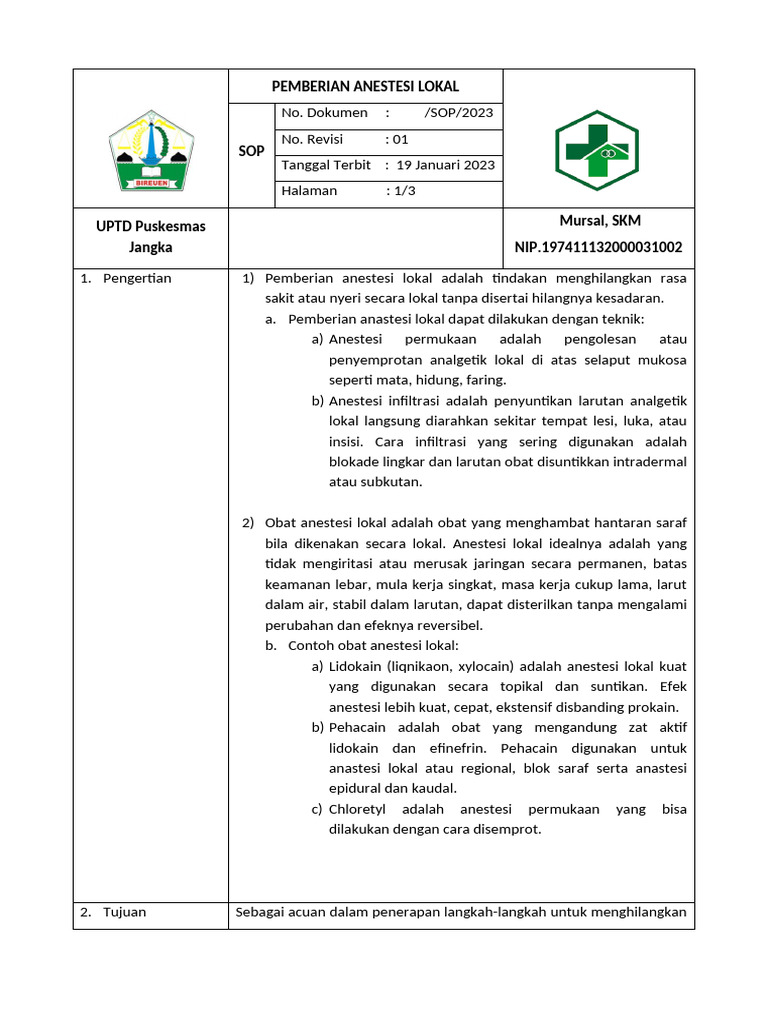 SOP Anestesi Lokal | PDF
