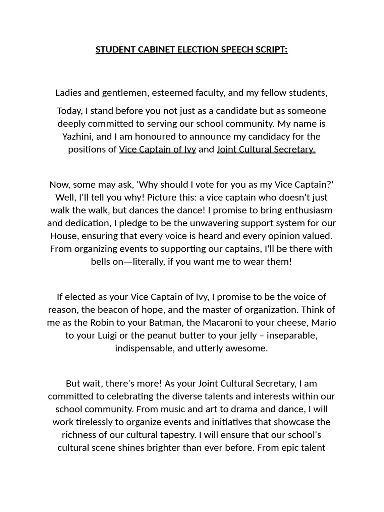 Student Cabinet Election Speech Script | PDF