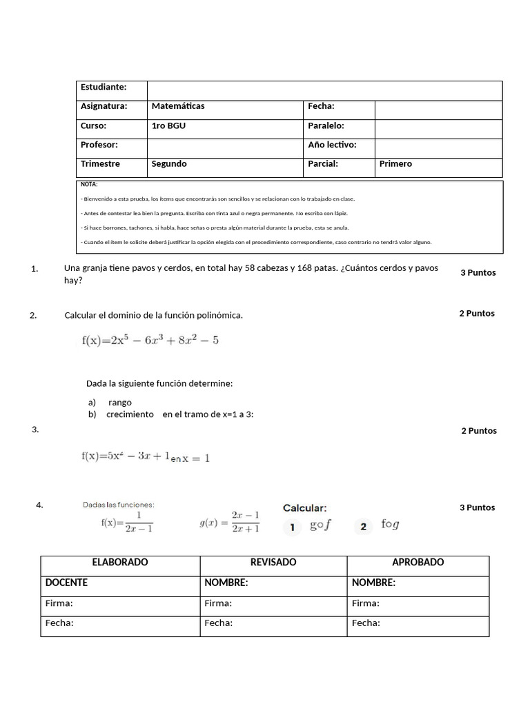Examen Matemáticas 1ro BGU Segundo Trimestre | PDF