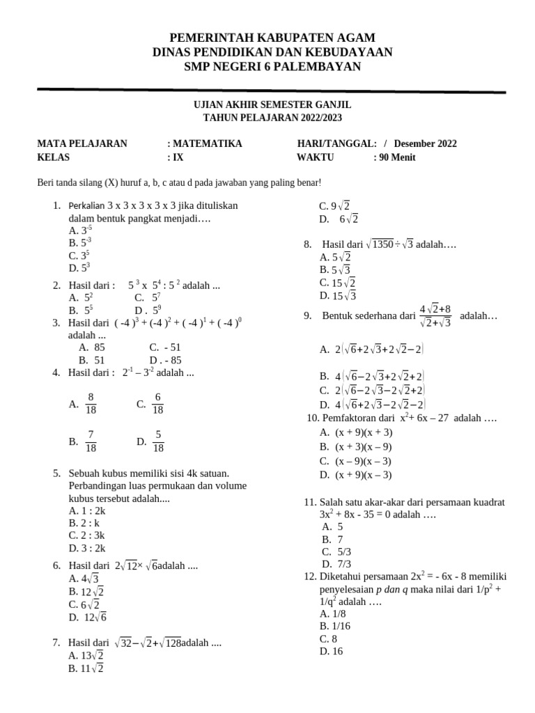 Soal Uas Kls 9 Mtk 2022- 2023 | PDF