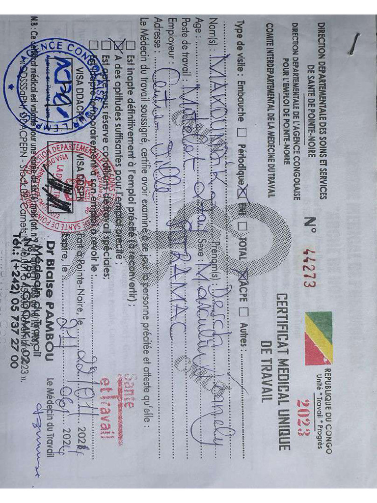 Certificat Mã©dical Unique de Travail 1 | PDF