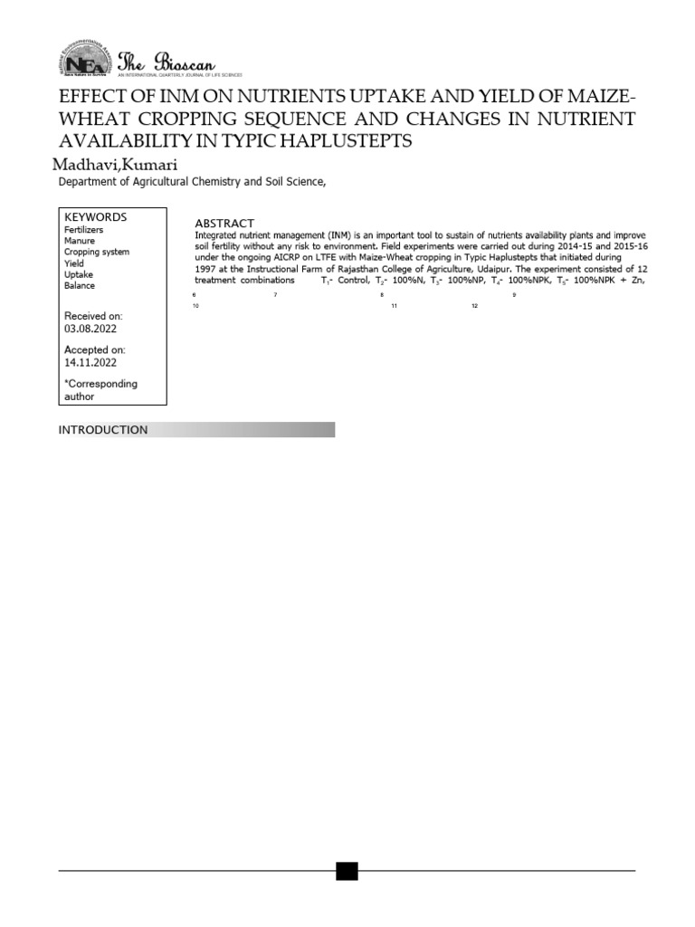 Effect of Inm On Nutrients Uptake and Yield of Maize-Wheat Cropping ...