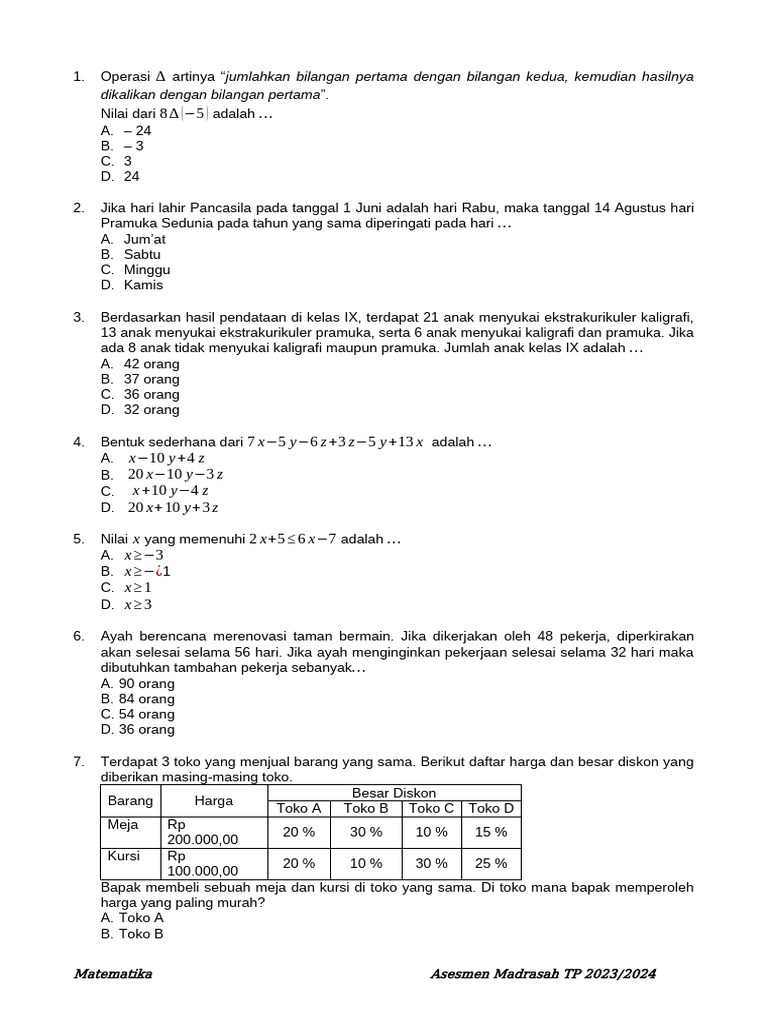 Soal Am Matematika Mts 23 - 24 | PDF