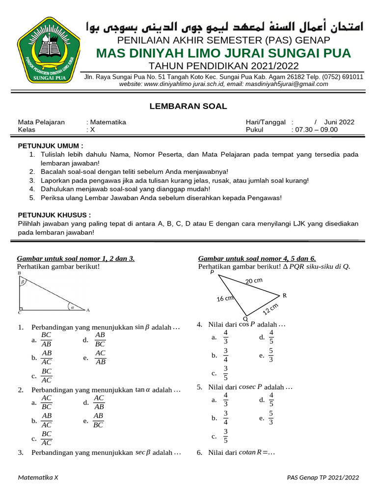 Soal Pas 2 Matematika X 21 - 22 | PDF