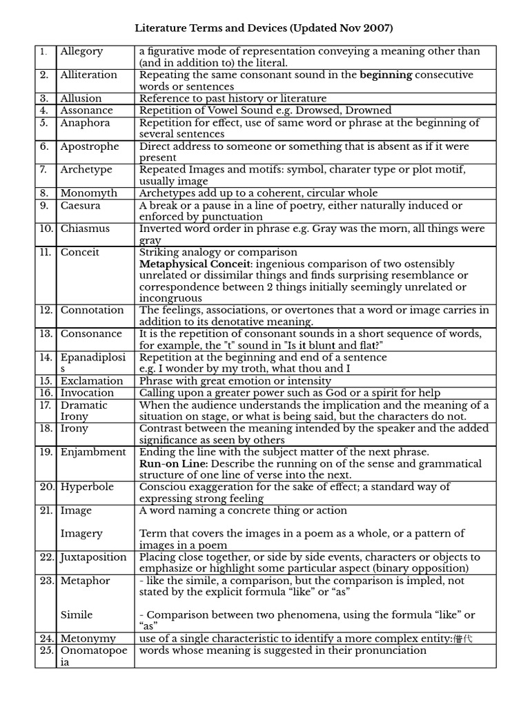 ENGL216 Lit Devices and Term Definitions | PDF