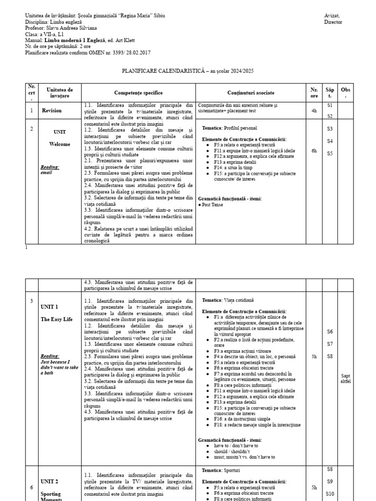 Planificare cls VII | PDF