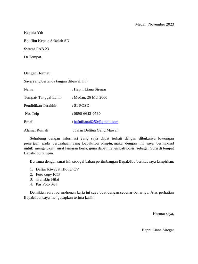 Surat Lamaran SD Al-Ittihadyah | PDF