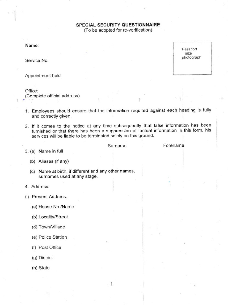 Special Security Questionnaire | PDF