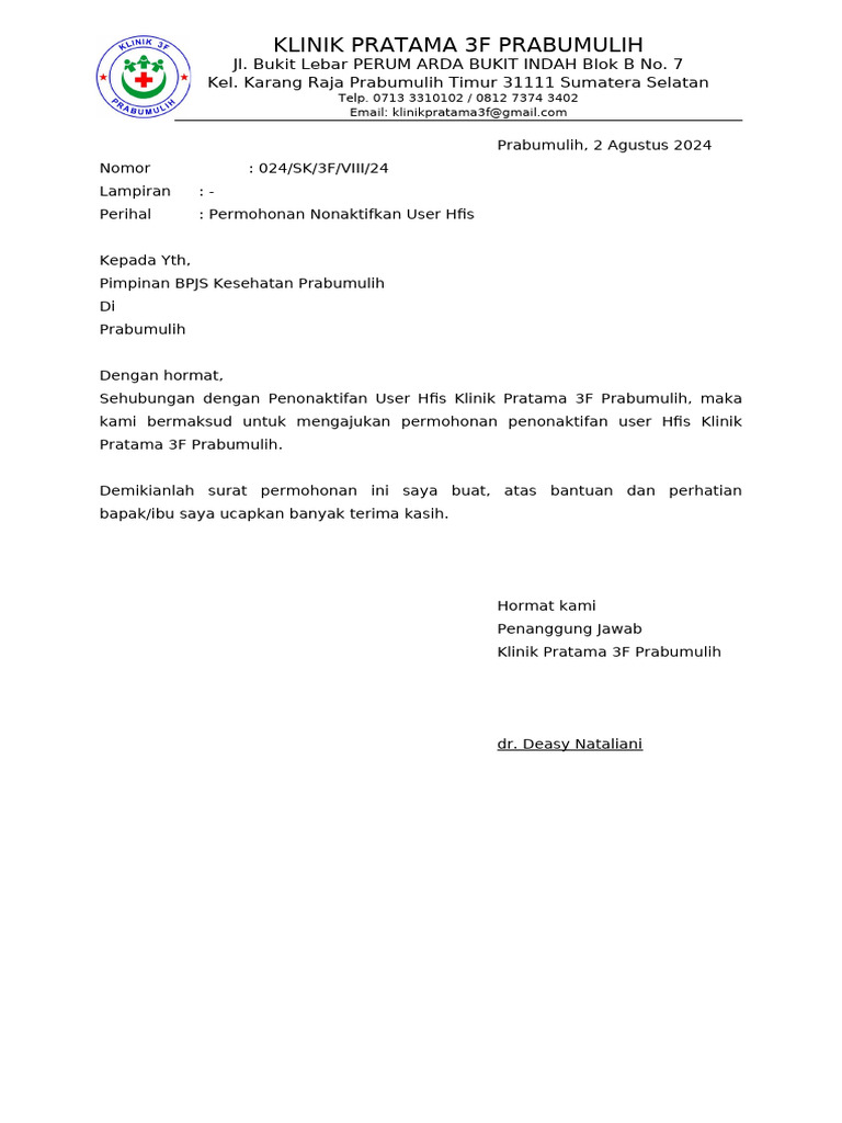 Permohonan Nonaktif User Hfis | PDF