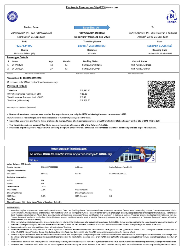 VSG SHM Exp Sleeper Class (SL) : Electronic Reserva On Slip (ERS) | PDF