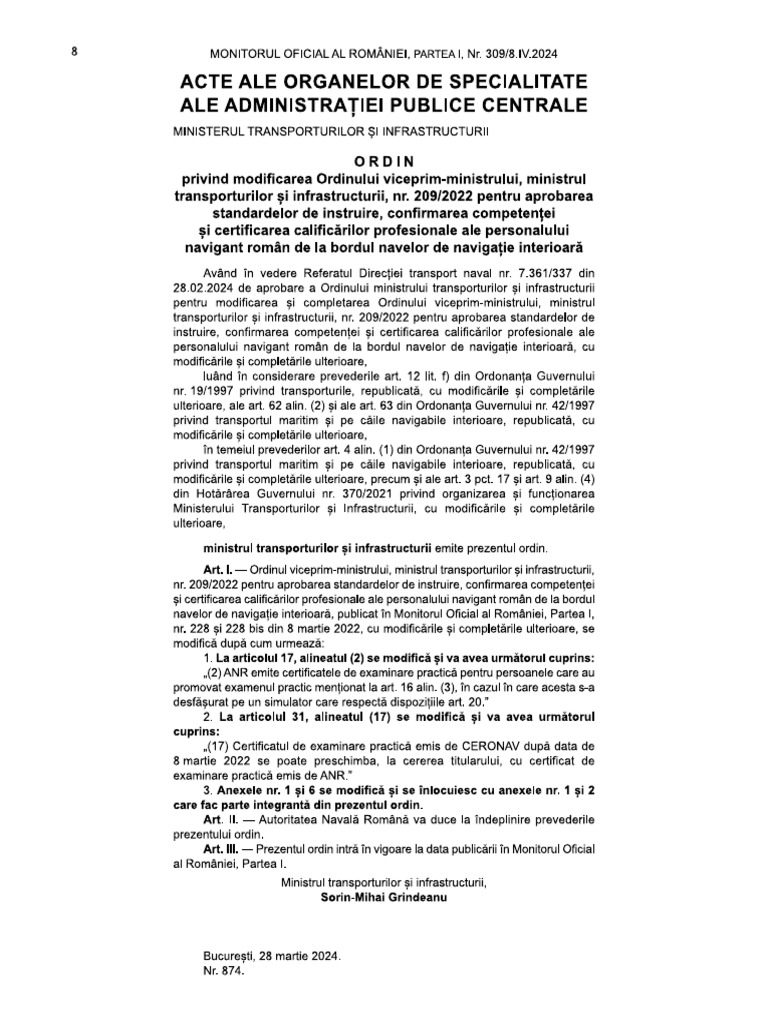 Ordin MTI NR 874 - 2024 Modificare OMTI 209 - 2022 Modificare Anexa 1 ...