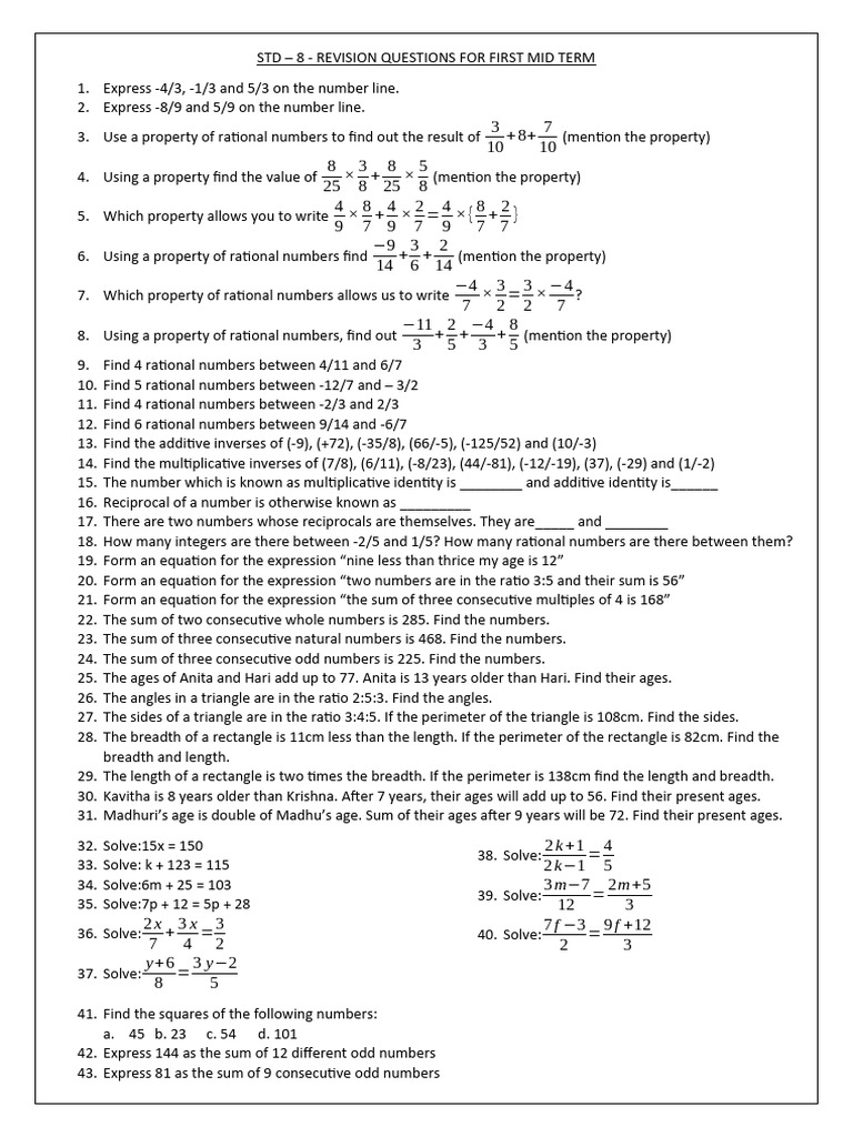 Mid-Term Revision Questions for STD 8 | PDF | Geometry | Geometric Shapes