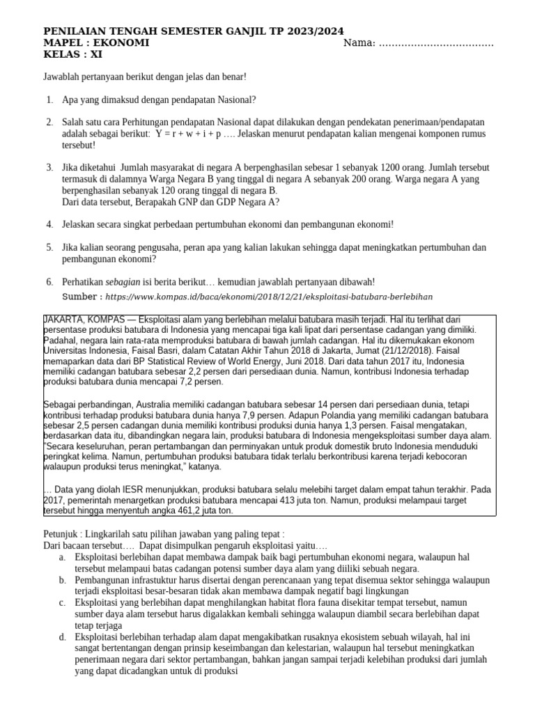 Soal PTS Ekonomi Kelas XI-XII 2023/2024 | PDF