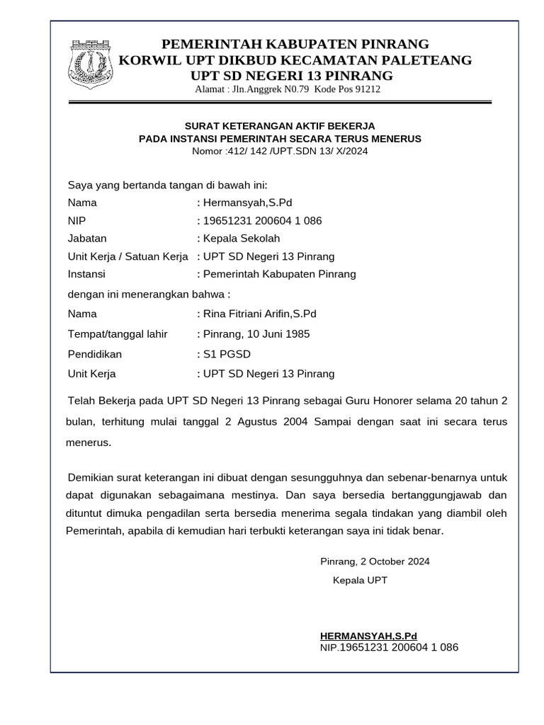 Contoh Format Suket Aktif Bekerja | PDF