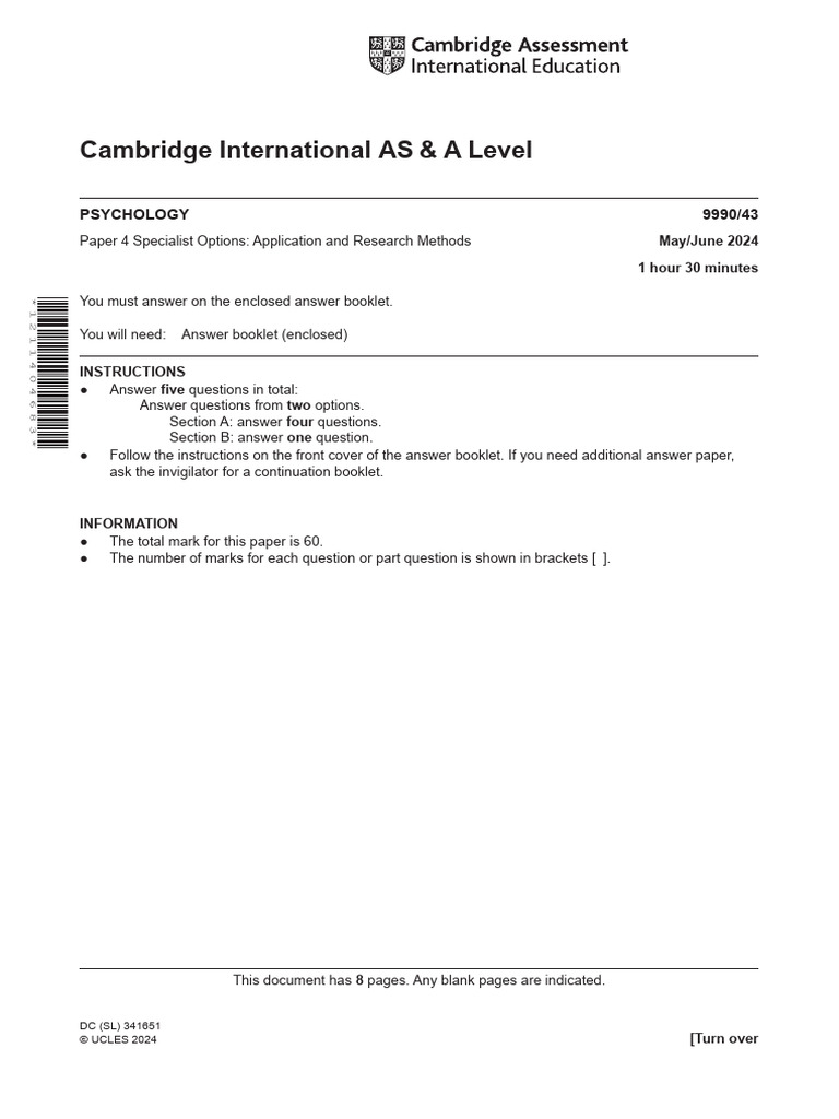 Cambridge International AS & A Level: PSYCHOLOGY 9990/43 | PDF
