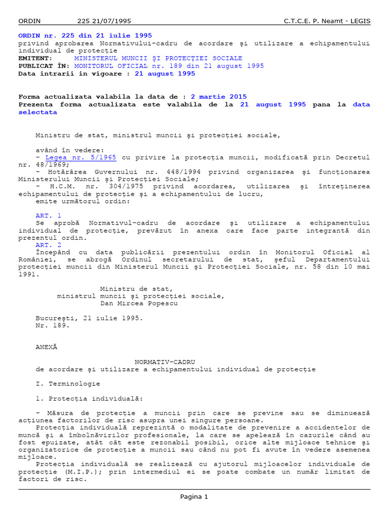 Ordin 225 1995 Echipamente de Protectie | PDF