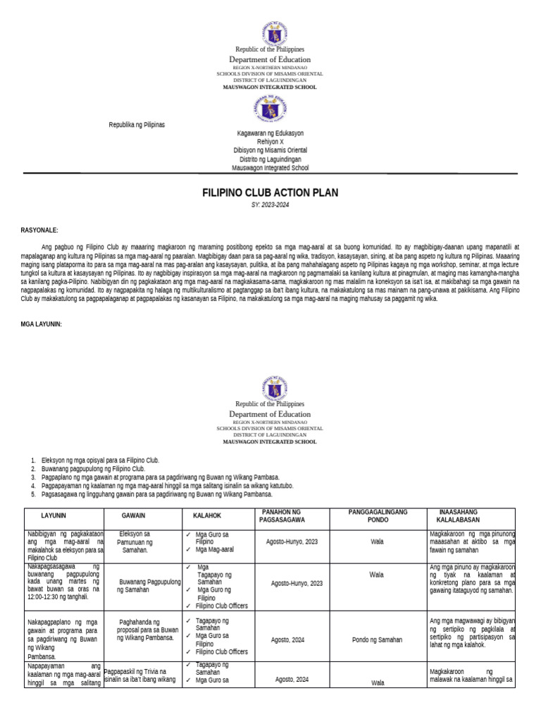 Filipino Club Action Plan | PDF