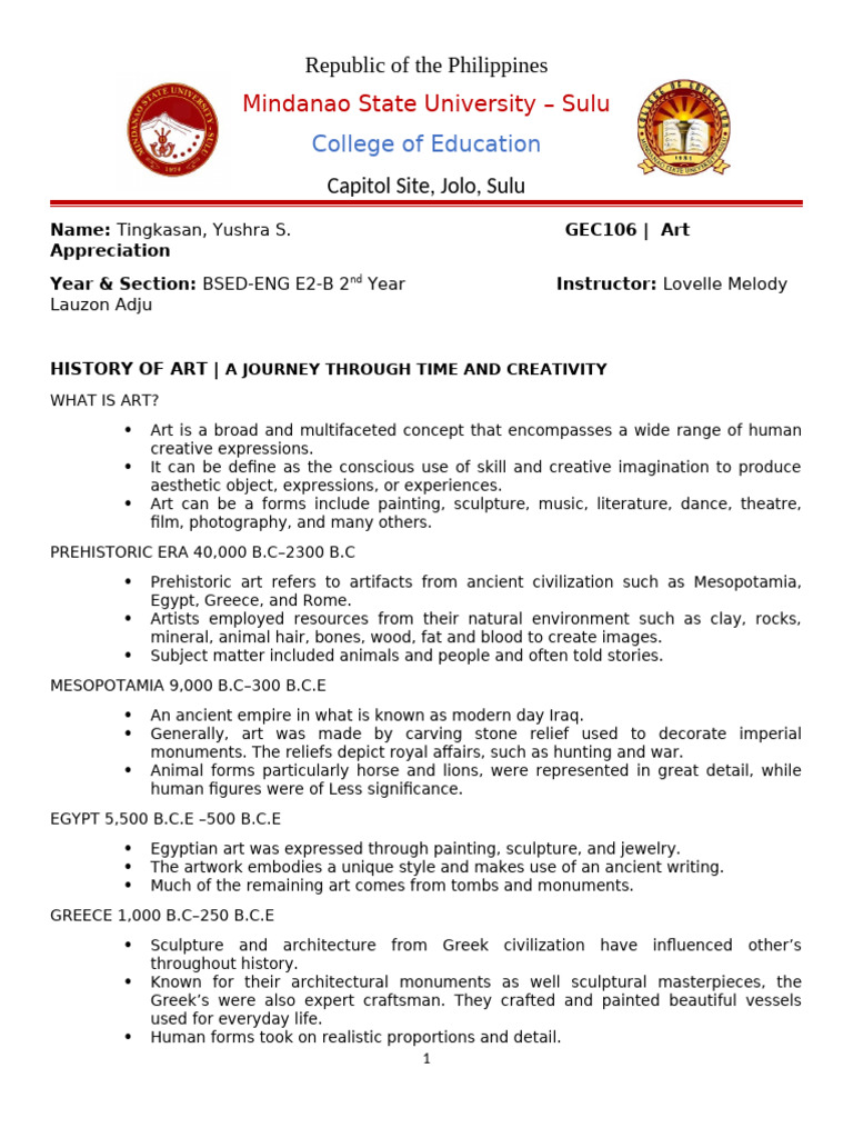 History of Art Handout Tingkasan Yushra S. BSED ENG E2 B | PDF