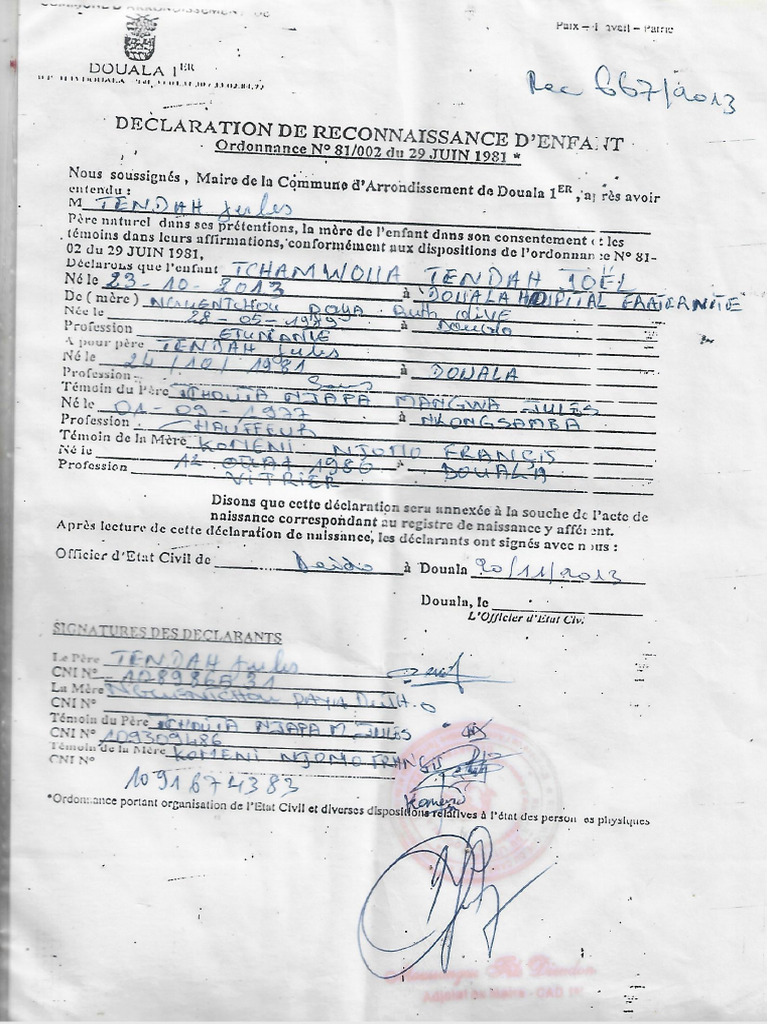 Déclaration de Reconnaissance d'Enfant | PDF