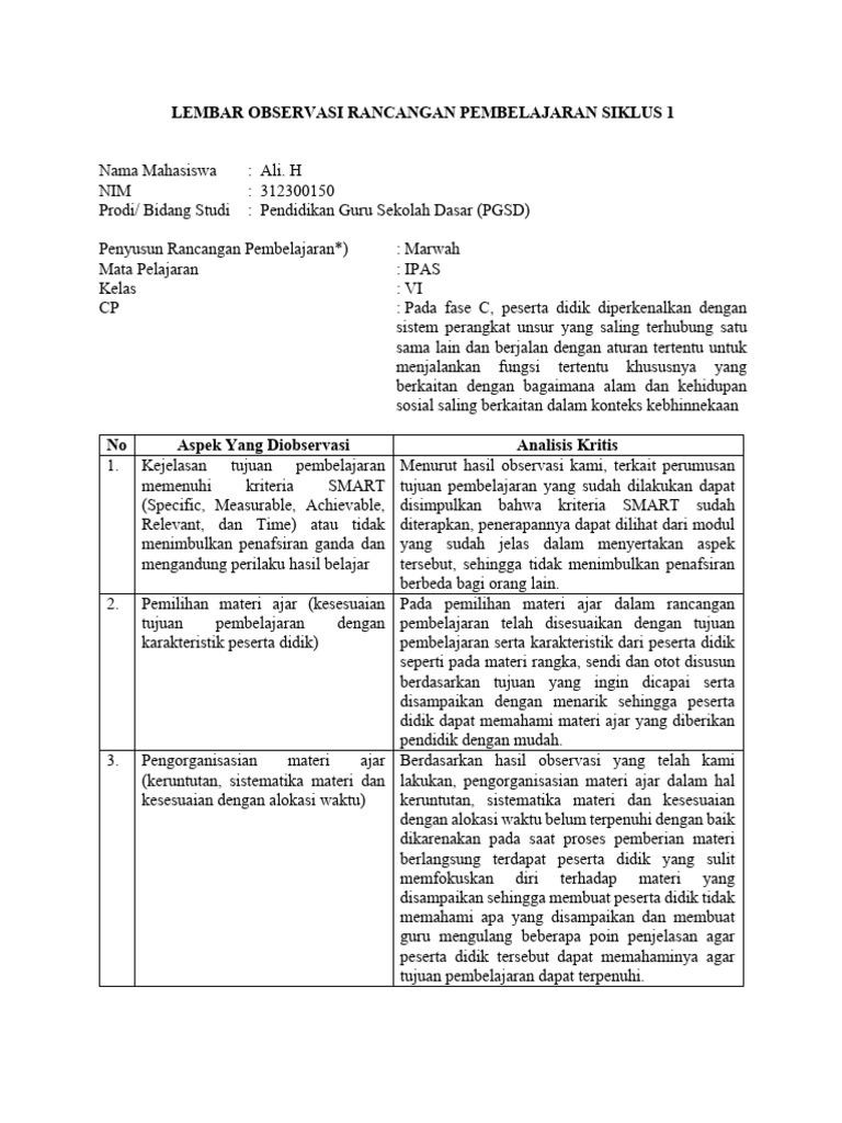 LK 3 - Lembar Observasi Rancangan Dan Perangkat Pembelajaran - Siklus 1 | PDF