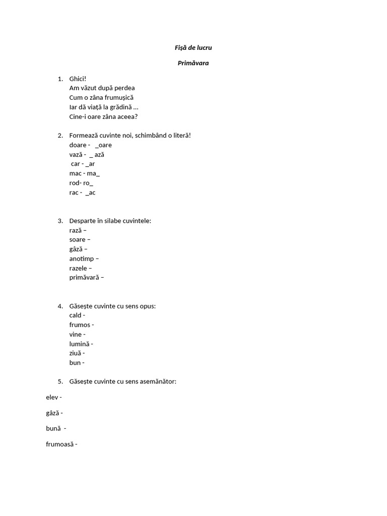 1 Fisa de Lucru Primavara | PDF