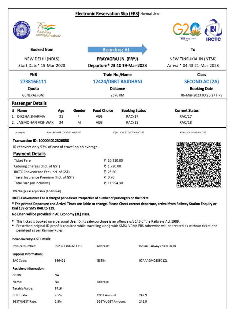 12424/Dbrt Rajdhani Second Ac (2A) | PDF