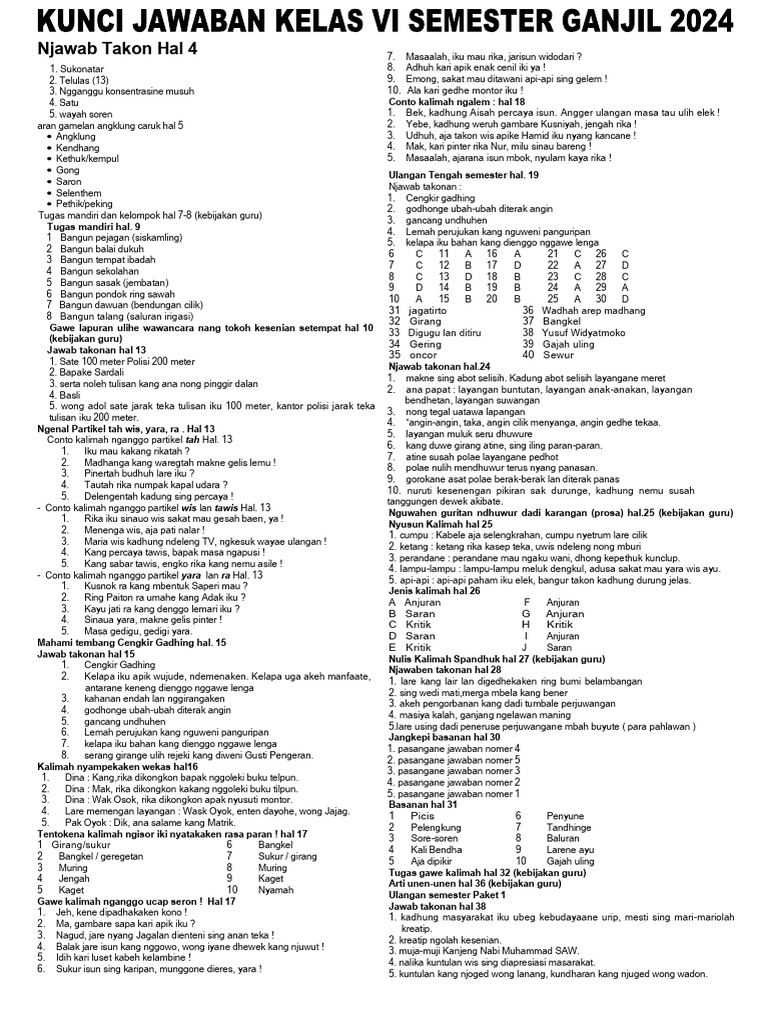 Kunci Jawaban Kelas 6 Ganjil 2024 | PDF