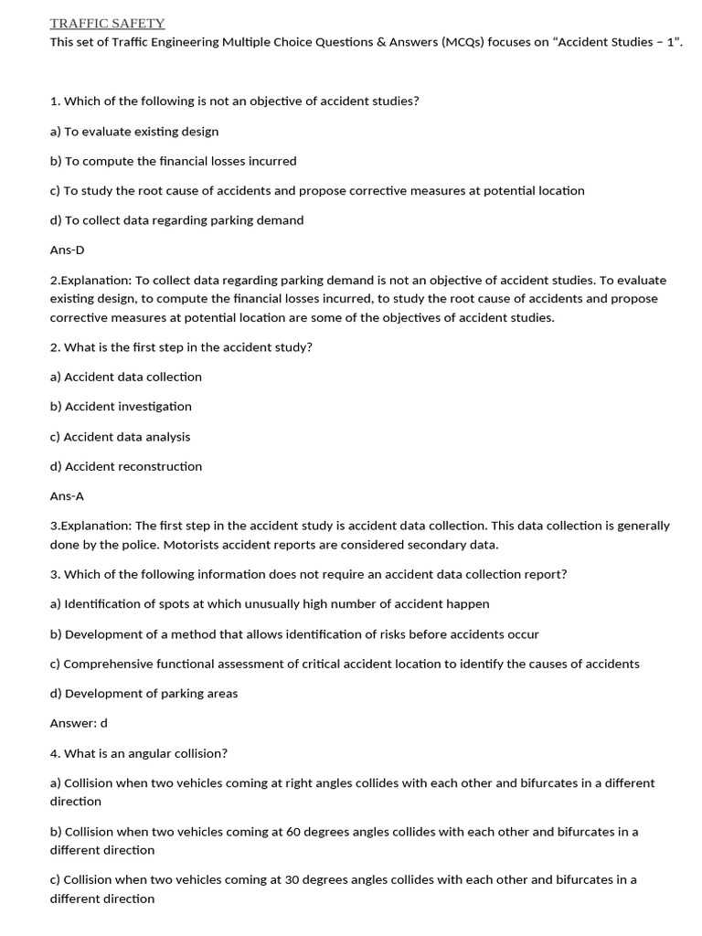 Traffic Safety - MCQ | PDF