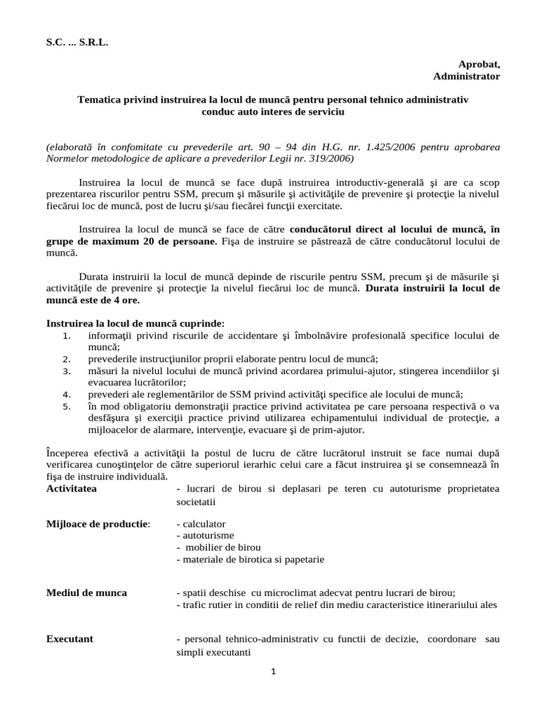 Tematica Instruire Loc Munca Tesa Cu Auto | PDF