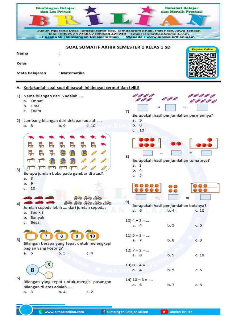 Soal SAS Matematika Kelas 1 SD Semester 1 | PDF