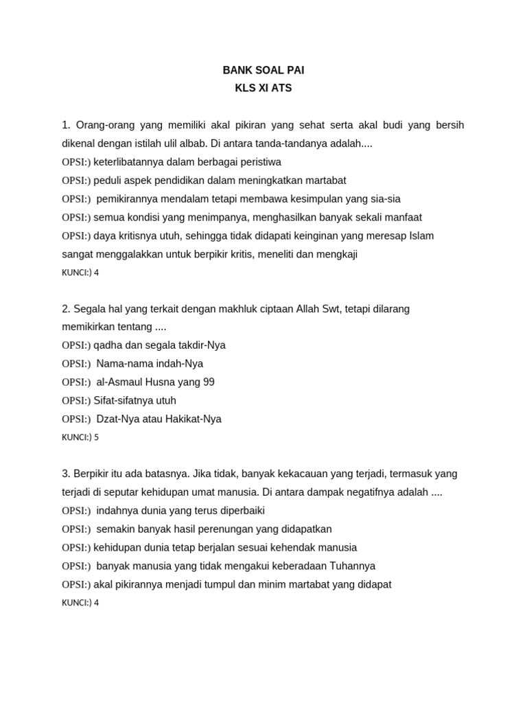 BANK SOAL PAI KLS XI PTS | PDF