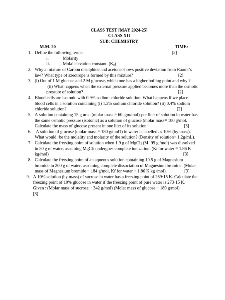XII Chem Class Test | PDF