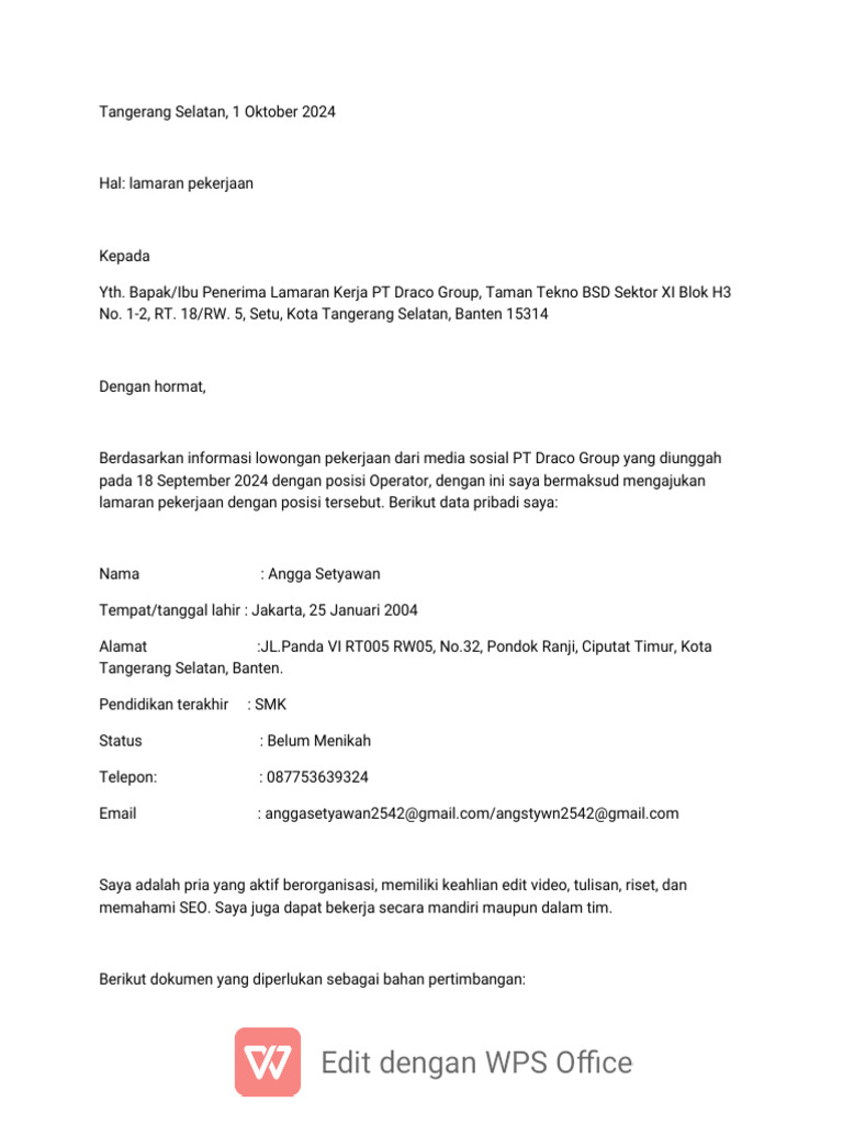 Surat Lamaran 2024 | PDF