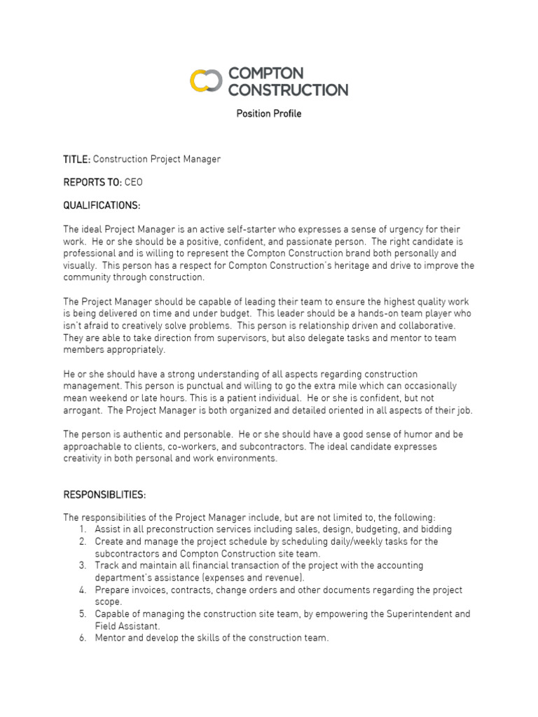 Project Manager Position Profile | PDF