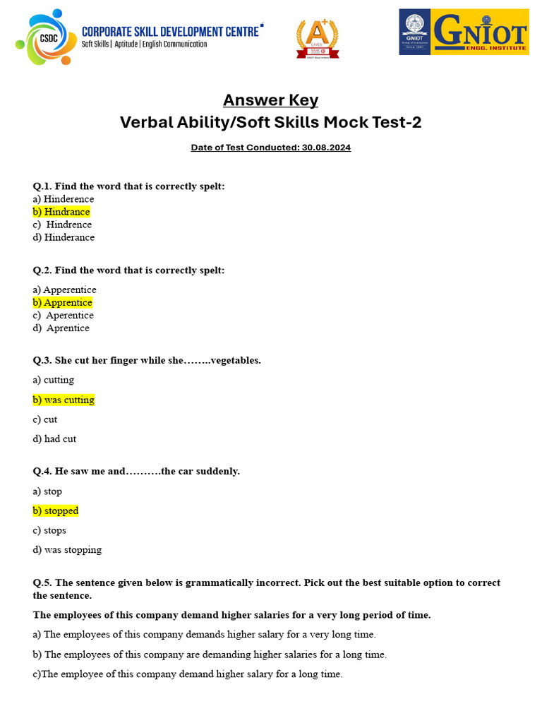 Verbal Ability_soft Skills Mock Test 2_answer Key (1) | PDF