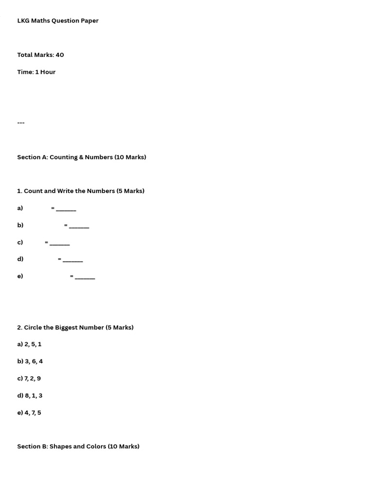LKG Maths Question Paper - 20240929 - 114619 - 0000 | PDF
