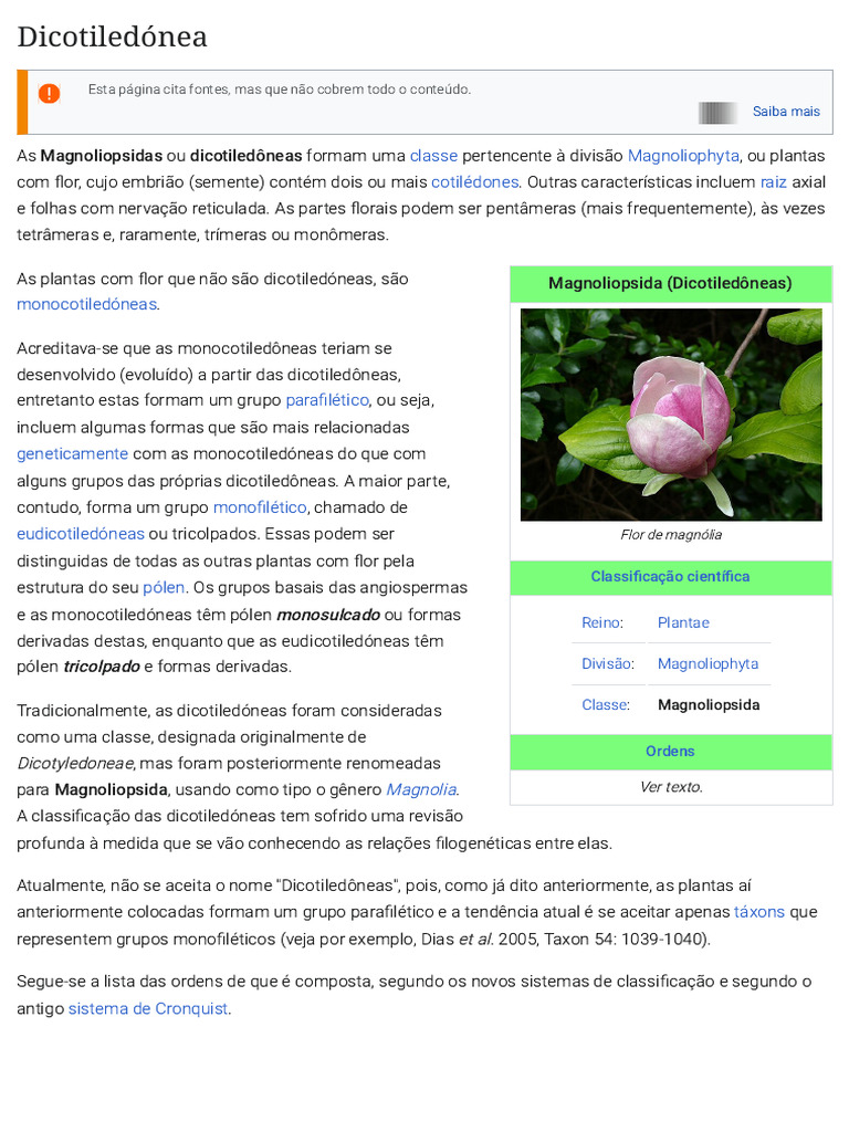 Dicotiledónea - Wikipédia, A Enciclopédia Livre | PDF