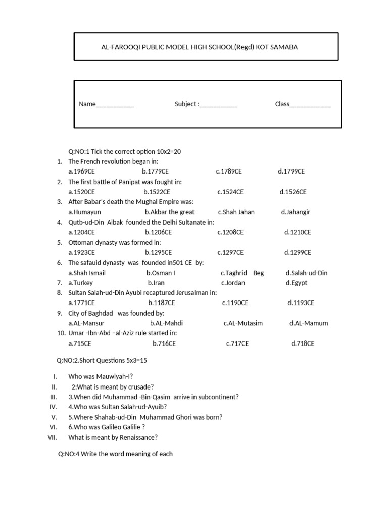 Al-Farooqi Public Model High School (Regd) Kot Samaba | PDF