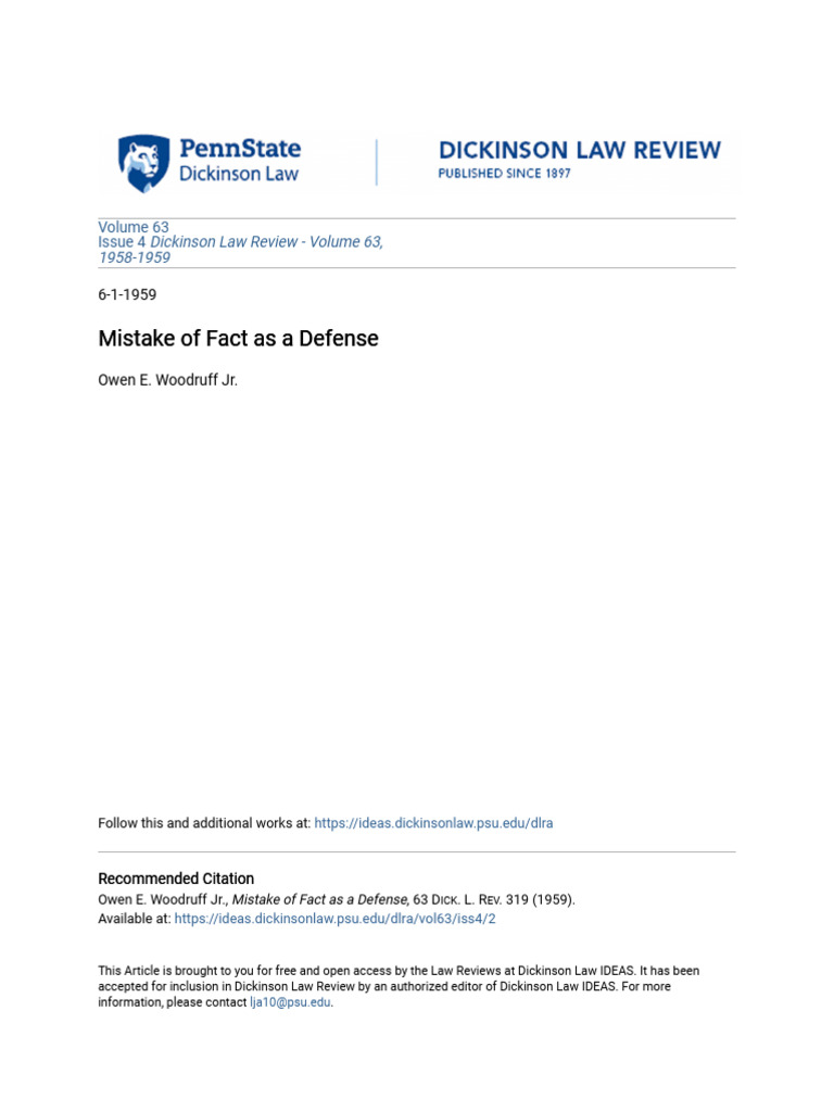 Mistake of Fact as a Defense | PDF