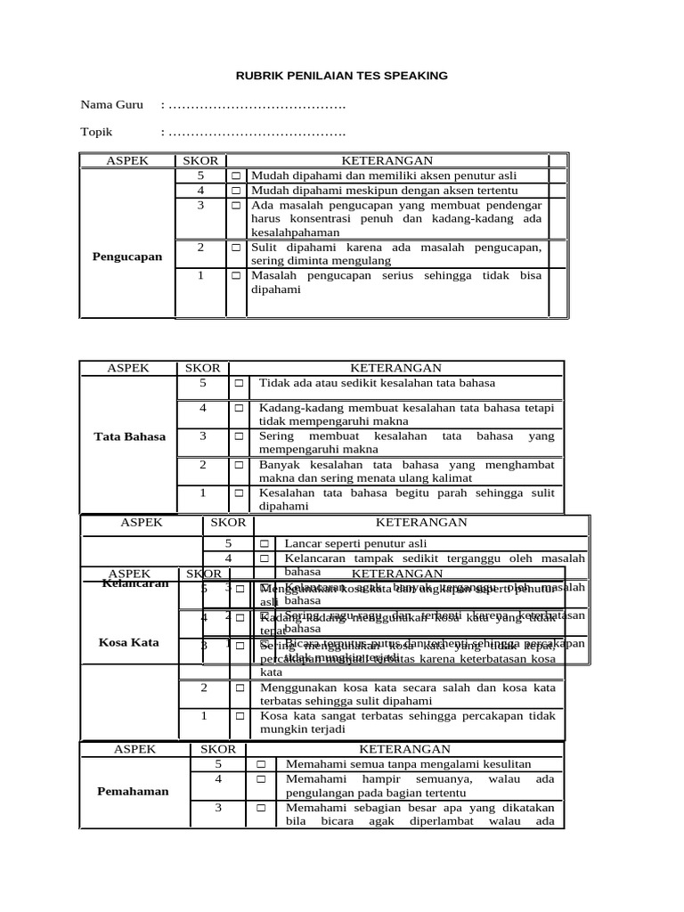 RUBRIK_PENILAIAN_SPEAKING OK | PDF RUBRIK_PENILAIAN_SPEAKING OK | PDF