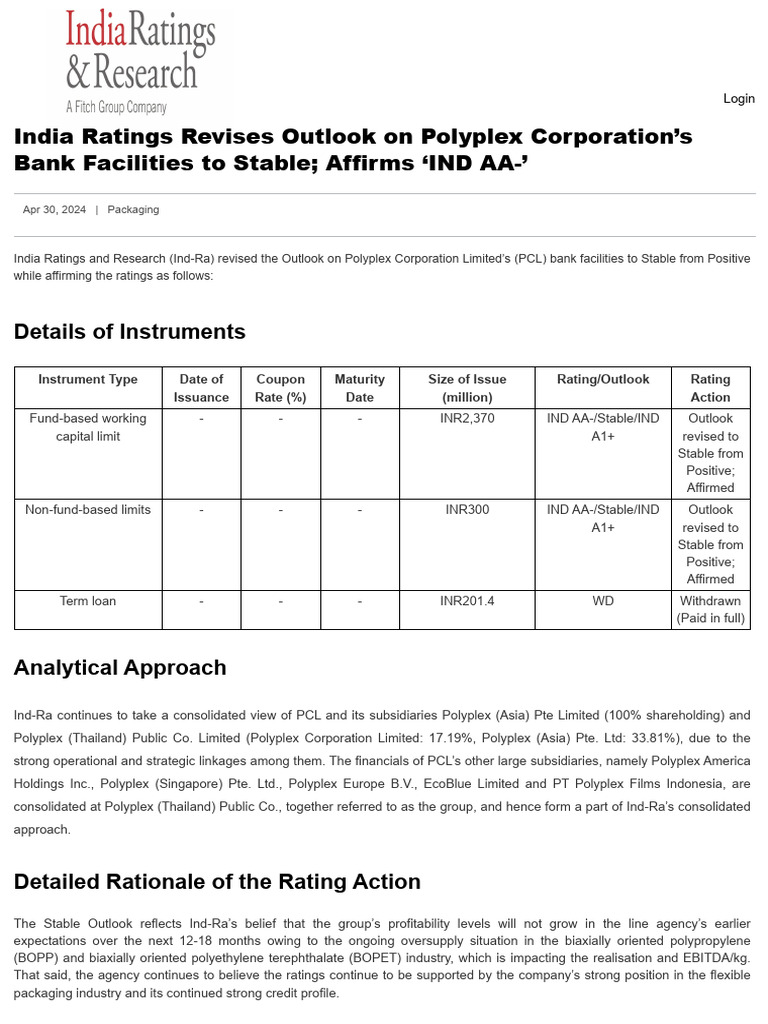 Polyplex Corporation Credit Rating Outlook | PDF | Hedge (Finance ...